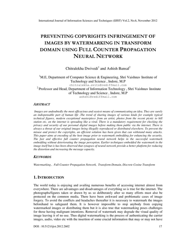 PREVENTING COPYRIGHTS INFRINGEMENT OF IMAGES BY WATERMARKING IN TRANSFORM DOMAIN USING FULL ...