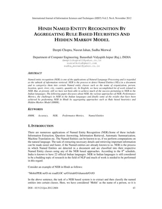 HINDI NAMED ENTITY RECOGNITION BY AGGREGATING RULE BASED HEURISTICS AND HIDDEN MARKOV MODEL | PDF