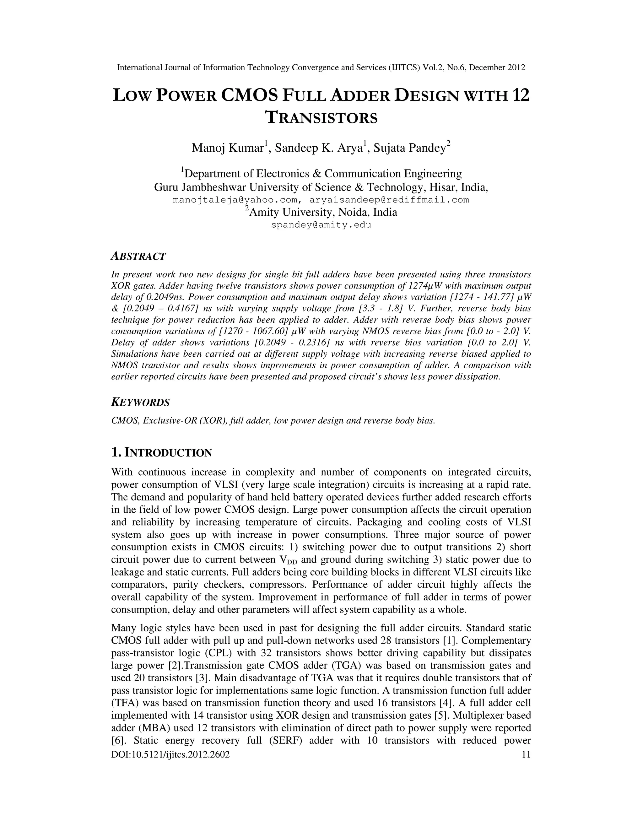 Low Power CMOS Full Adder Design with 12 Transistors | PDF