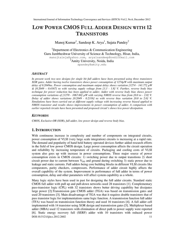 Low Power CMOS Full Adder Design with 12 Transistors | PDF