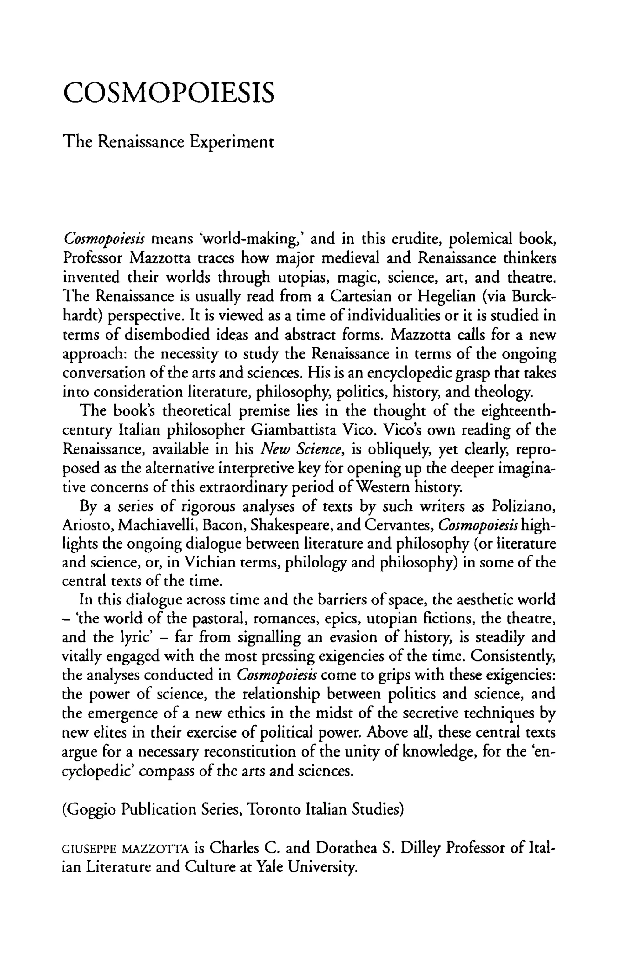 Cosmopoiesis The Renaissance Experiment 1st Giuseppe Mazzotta | PDF