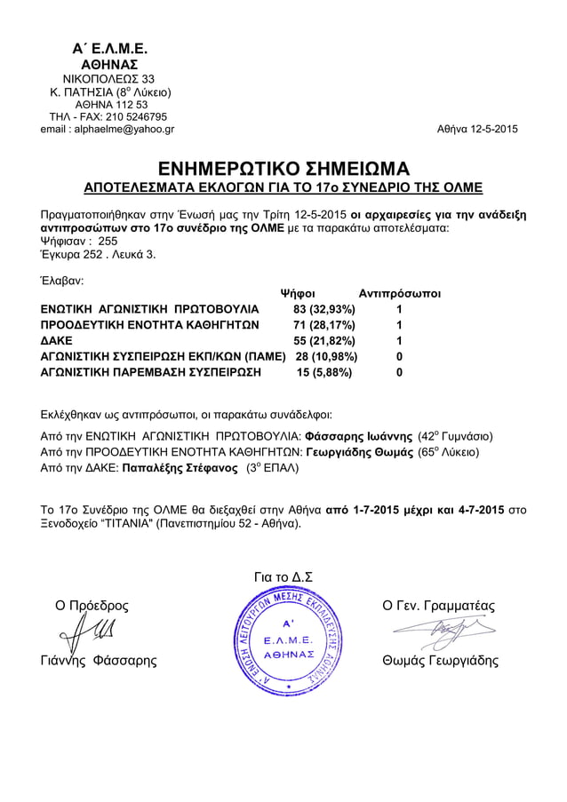 ελμε26 αποτελεσματα εκλογων για 17ο συνεδριο ολμε | PDF