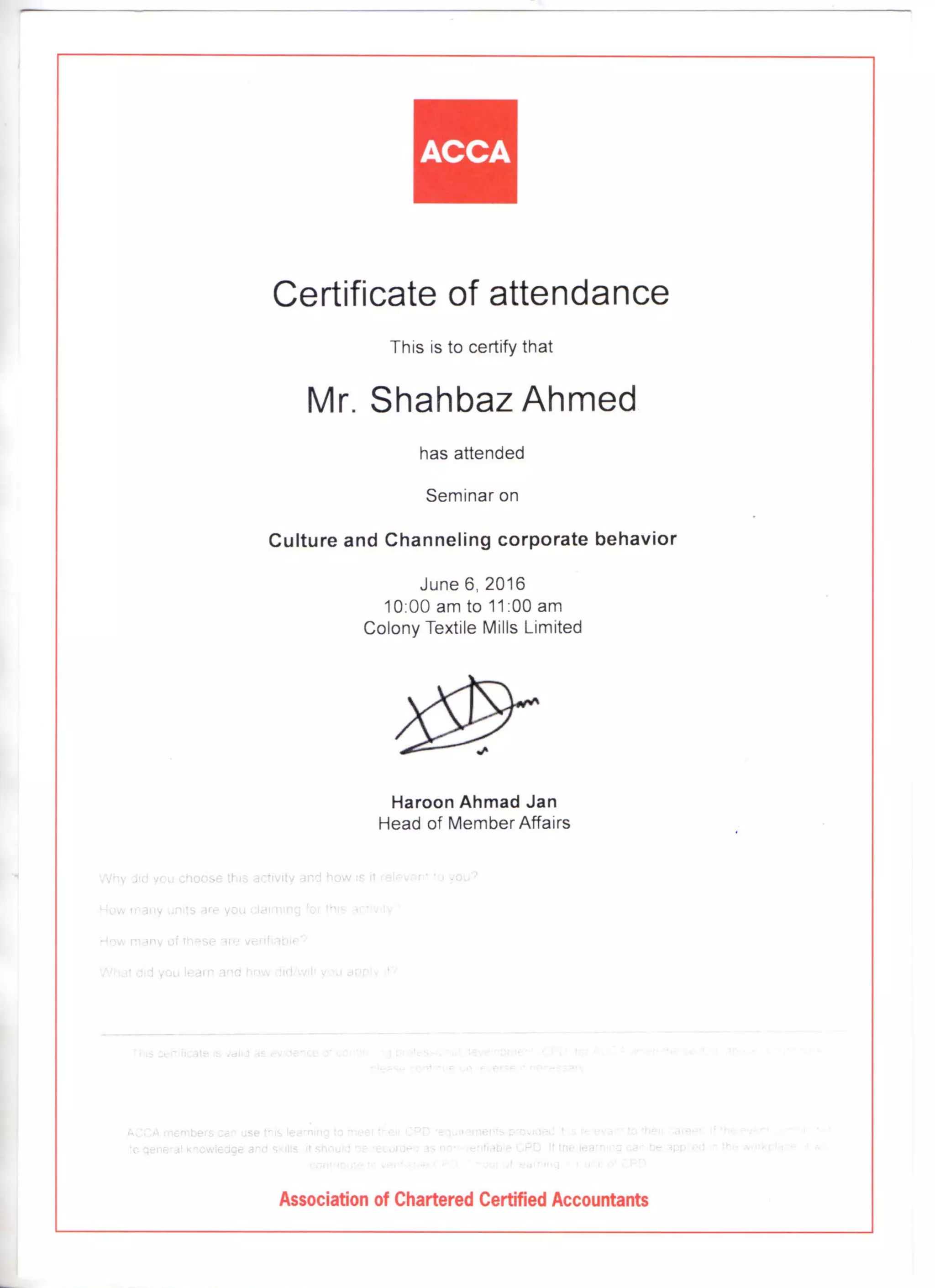 Certificate of Attendance- ACCA Seminar | PDF