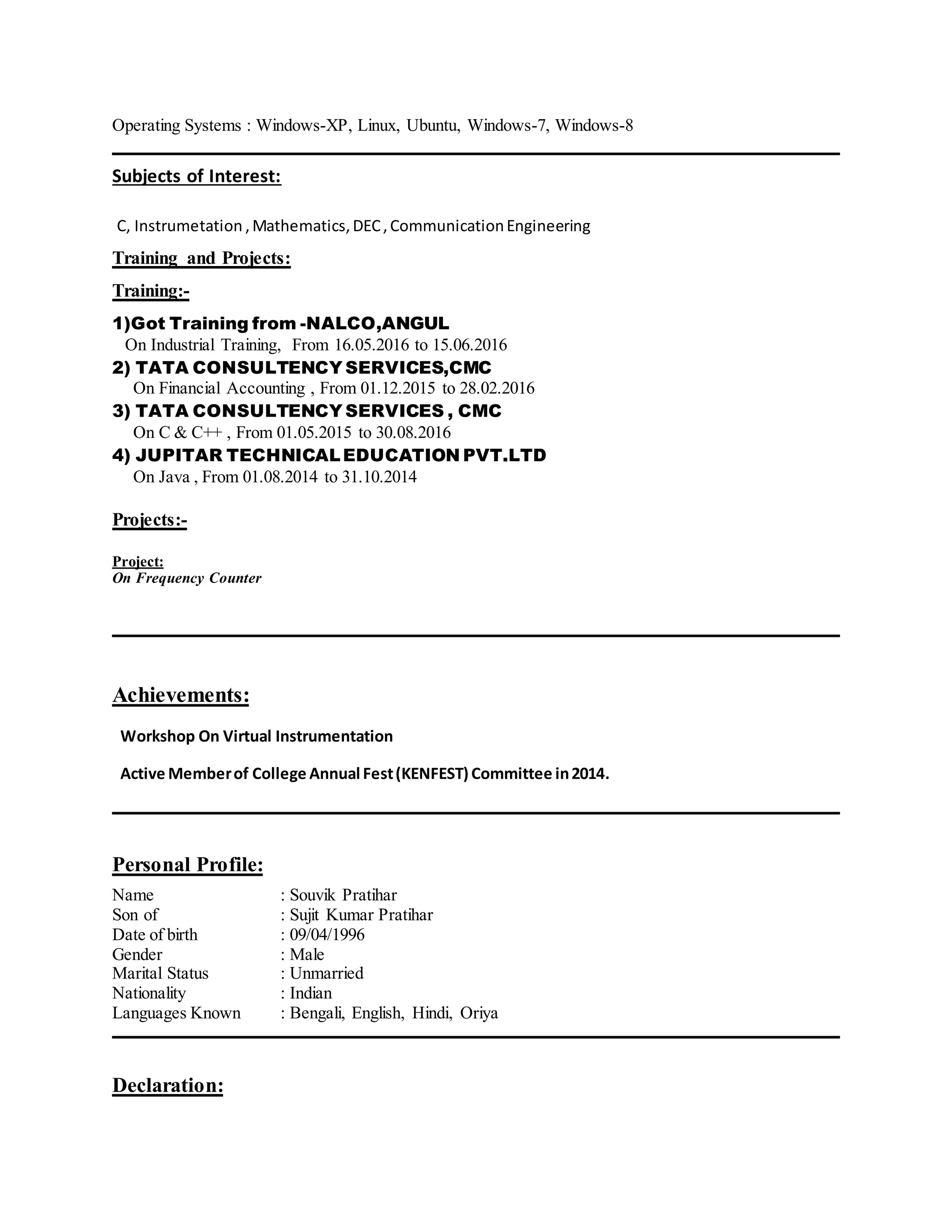 CV Souvik Pratihar | DOCX | Computing | Technology & Computing