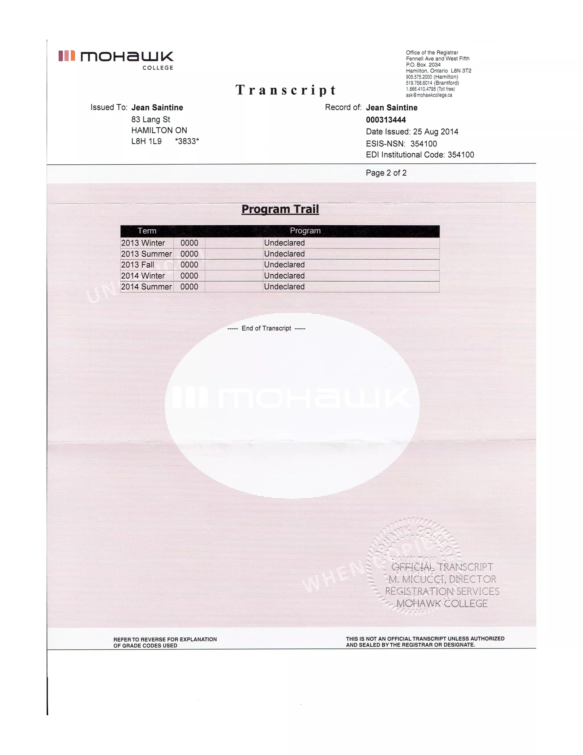 Mohawk_Transcript2 | PDF