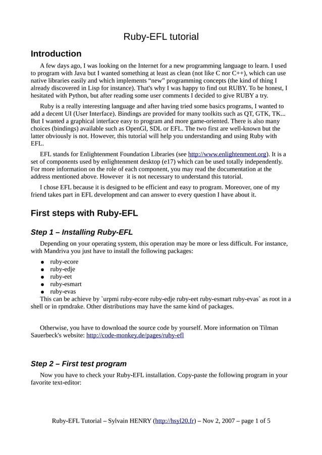 ruby-efl-tutorial-hsyl20 | PDF | Programming Languages | Computing