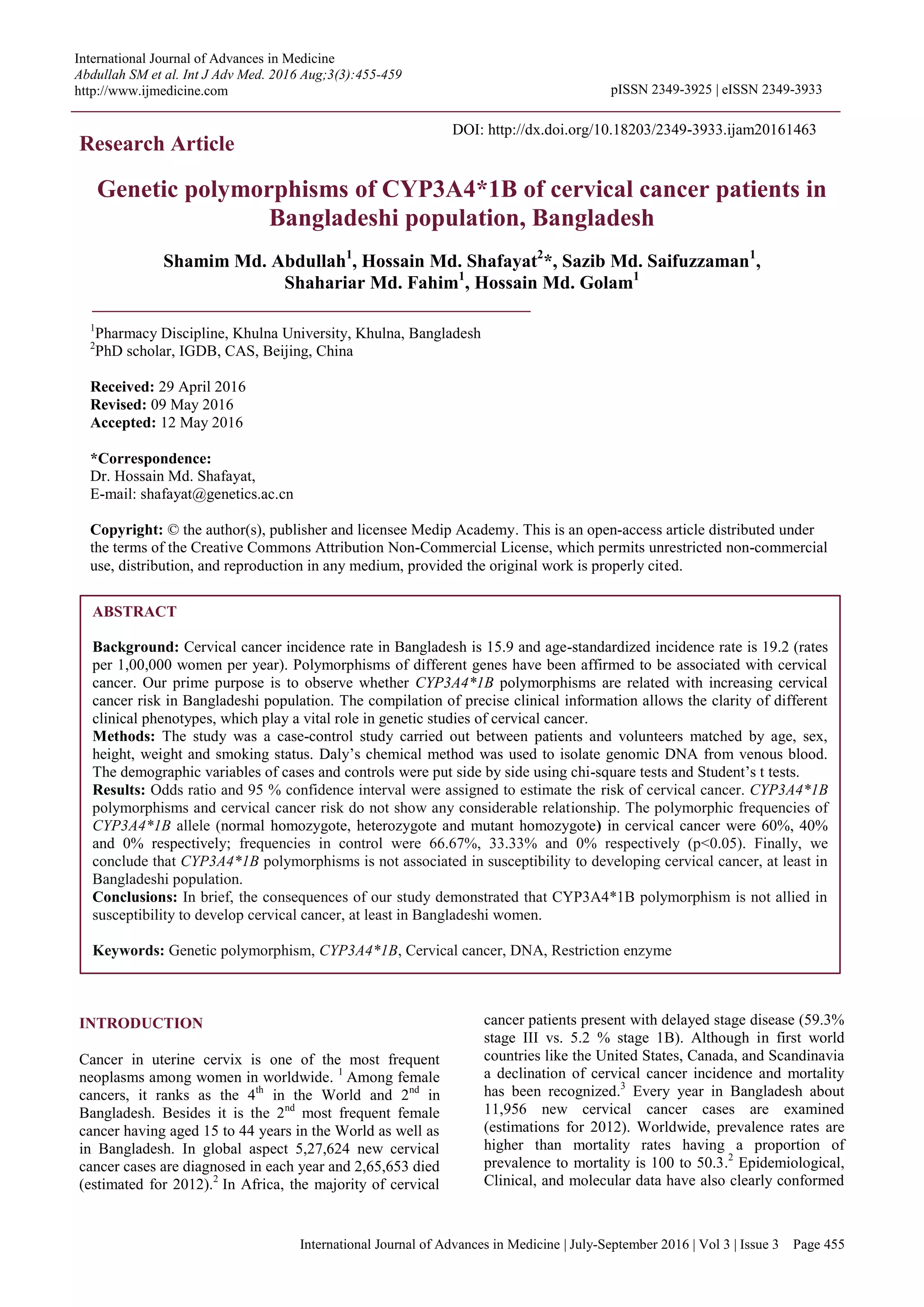 Genetic polymorphisms of CYP3A41B of cervical cancer patients in ...