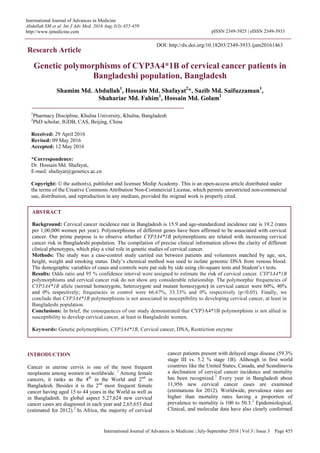 Genetic polymorphisms of CYP3A41B of cervical cancer patients in Bangladeshi population ...