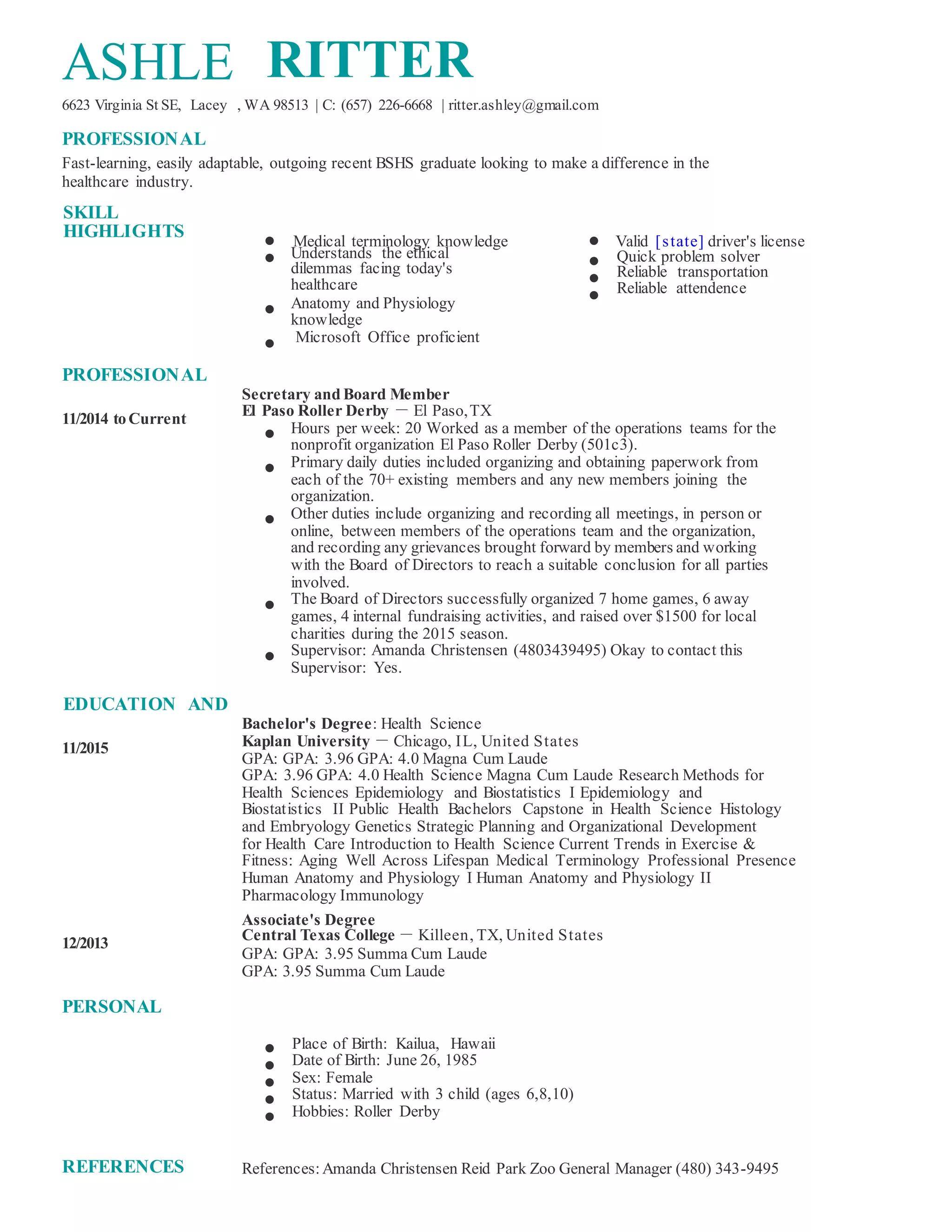 Ashley Ritter | DOCX | Medical Health