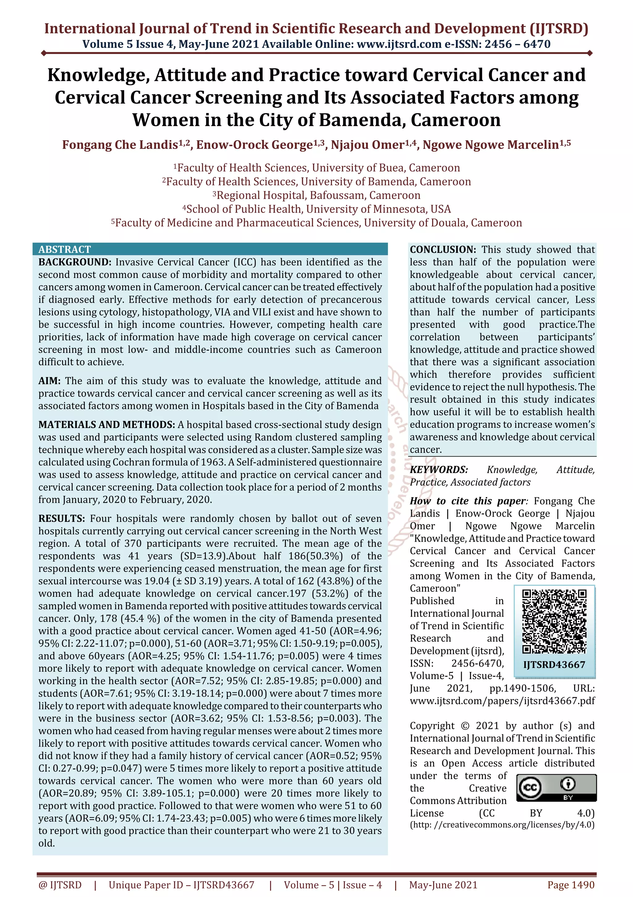 Knowledge, Attitude and Practice toward Cervical Cancer and Cervical Cancer Screening and Its ...