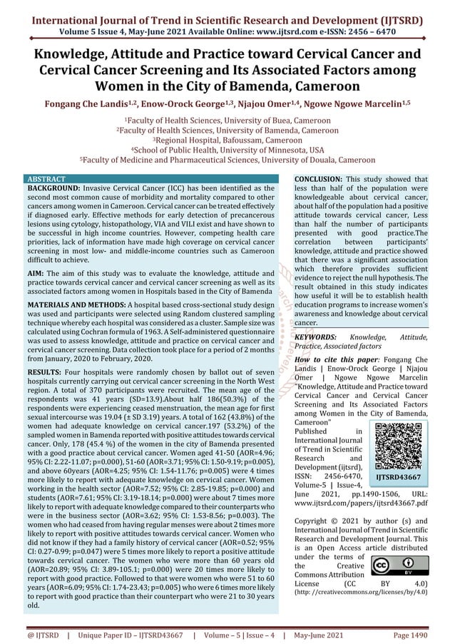 Knowledge, Attitude and Practice toward Cervical Cancer and Cervical Cancer Screening and Its ...