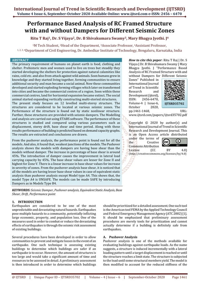 Performance Based Analysis of RC Framed Structure with and without Dampers for Different Seismic ...