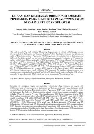 EFIKASI DAN KEAMANAN DIHIDROARTEMISININPIPERAKUIN PADA PENDERITA PLASMODIUM VIVAX DI KALIMANTAN ...