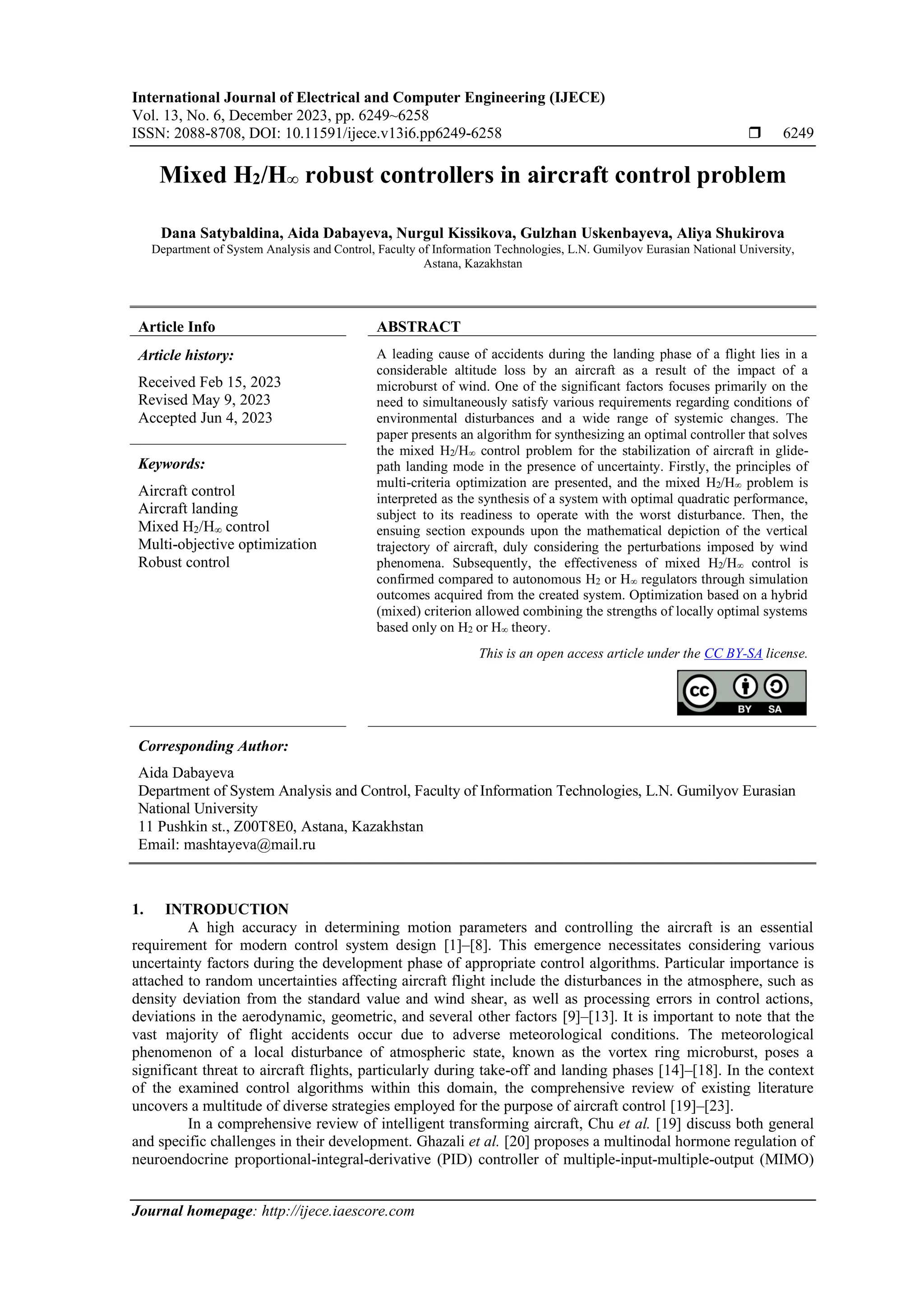 Mixed H2/H∞ robust controllers in aircraft control problem | PDF