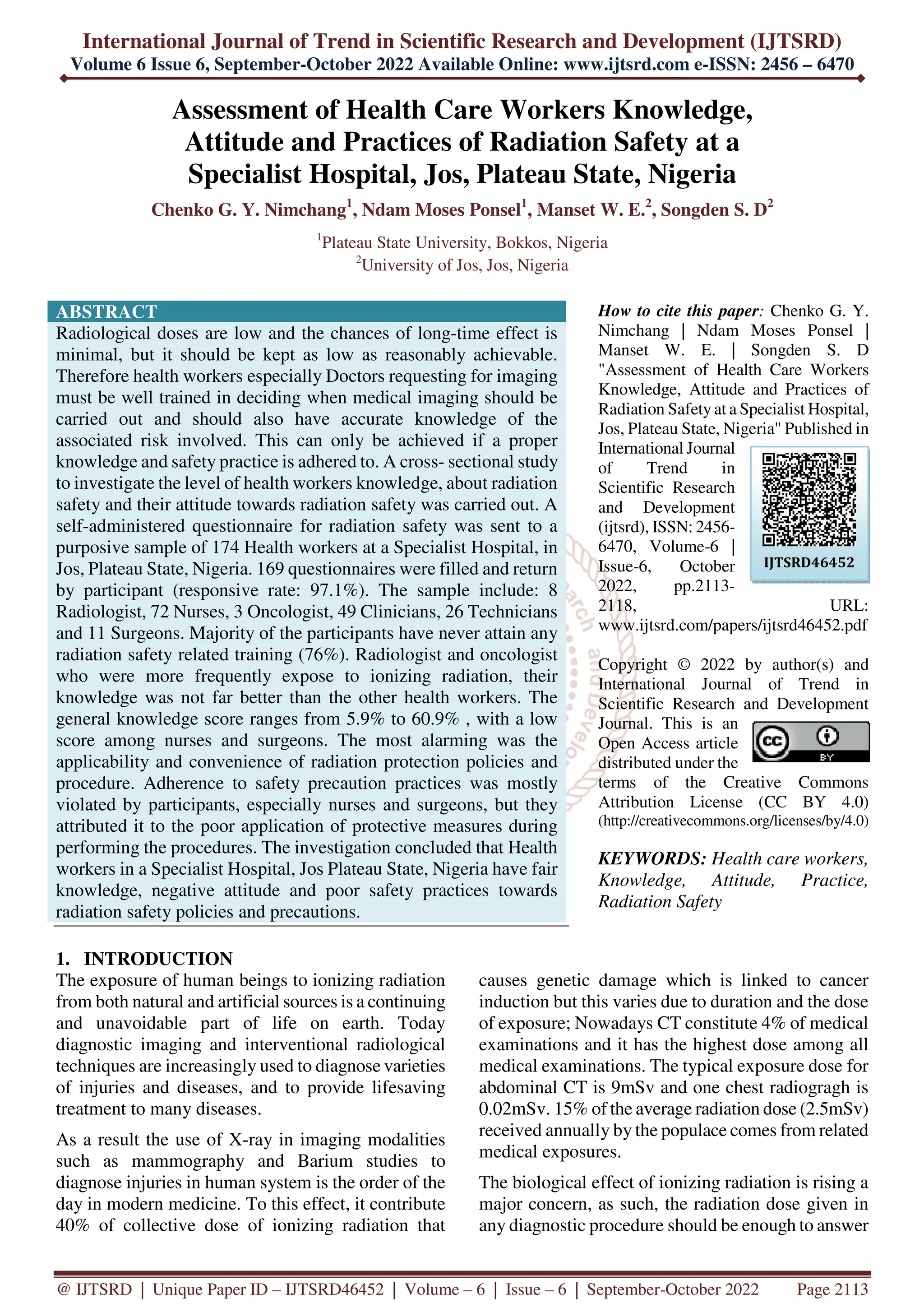 Assessment of Health Care Workers Knowledge, Attitude and Practices of Radiation Safety at a ...