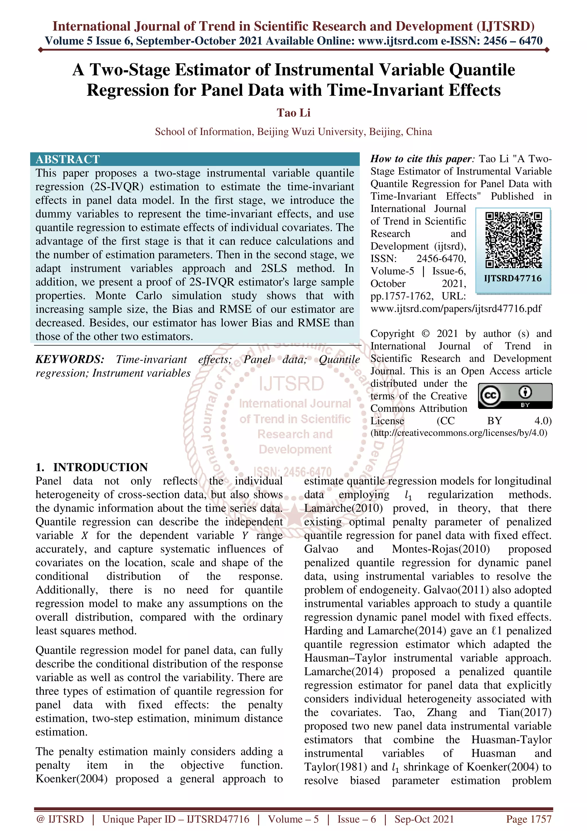 A Two Stage Estimator Of Instrumental Variable Quantile Regression For