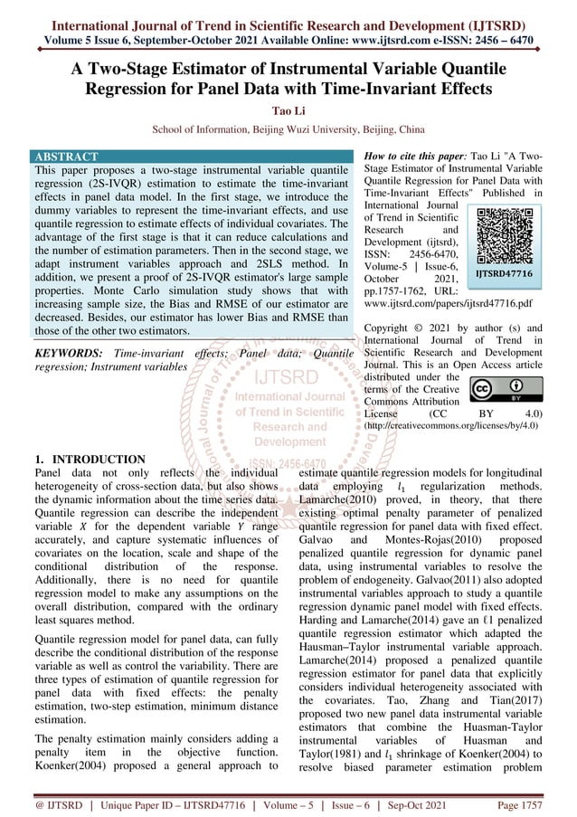 A Two Stage Estimator of Instrumental Variable Quantile Regression for Panel Data with Time ...