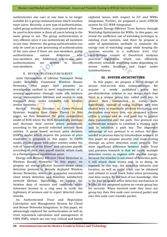 Secure and Trustable Routing in WSN for End to End Communication | PDF