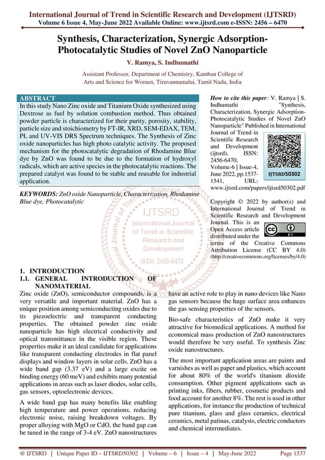 Synthesis, Characterization, Synergic Adsorption Photocatalytic Studies of Novel ZnO ...