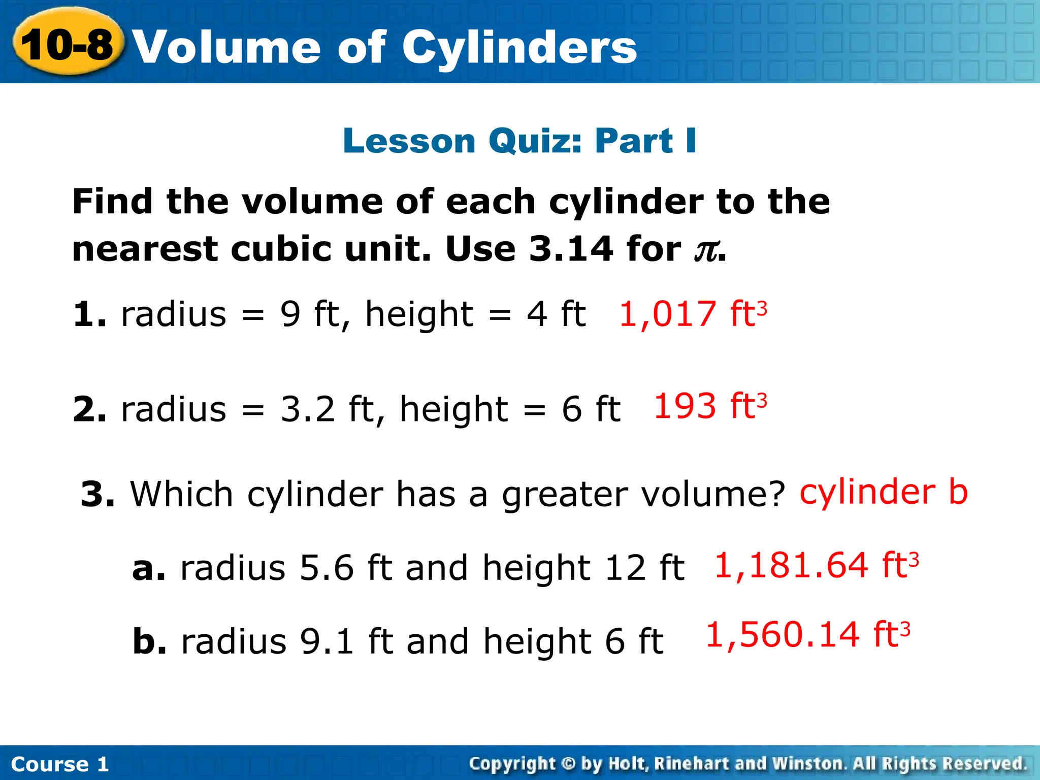 Volume of a Cylinder with Applications Math 7 | PPT