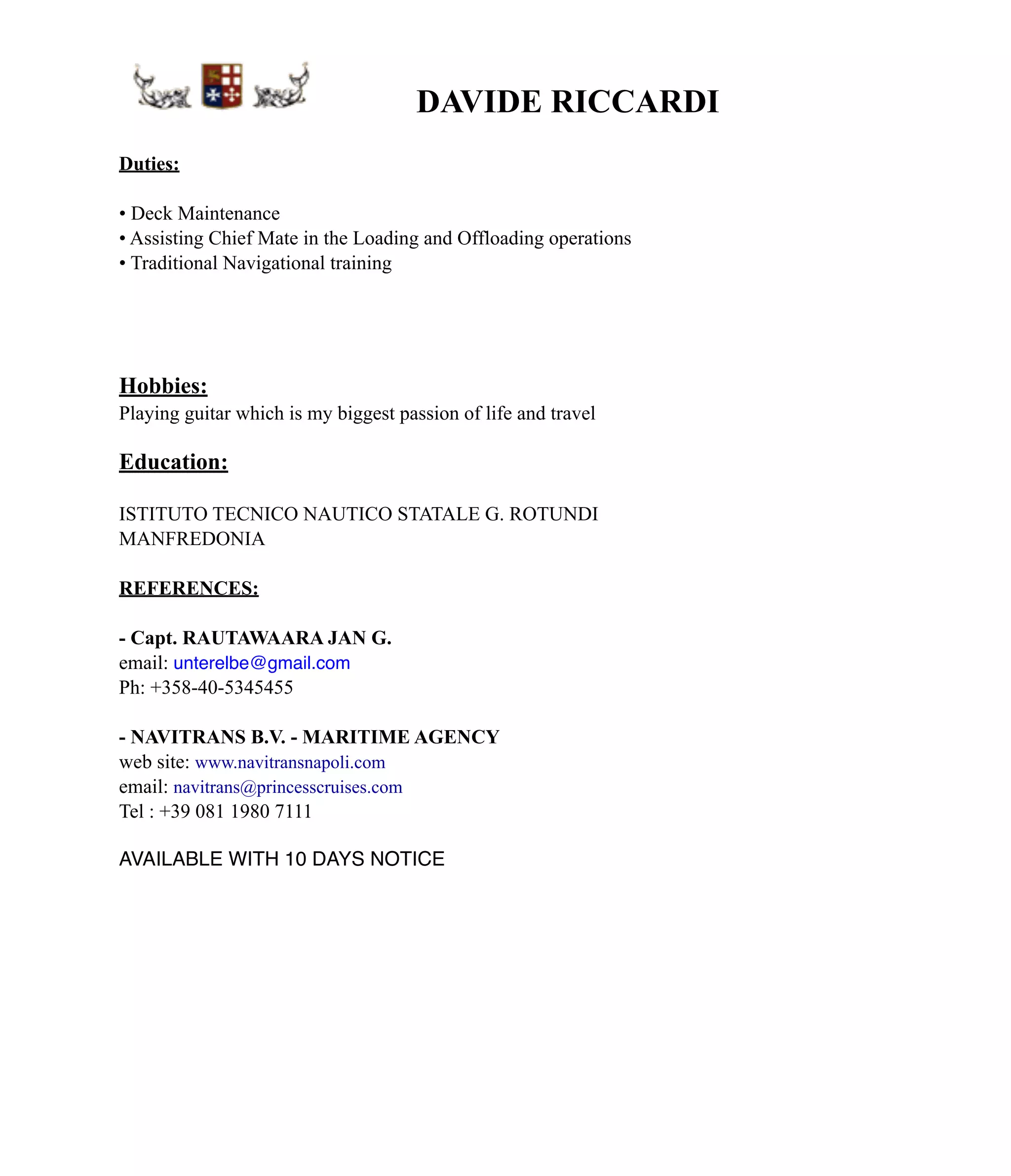 Davide Riccardi CV Ships | PDF