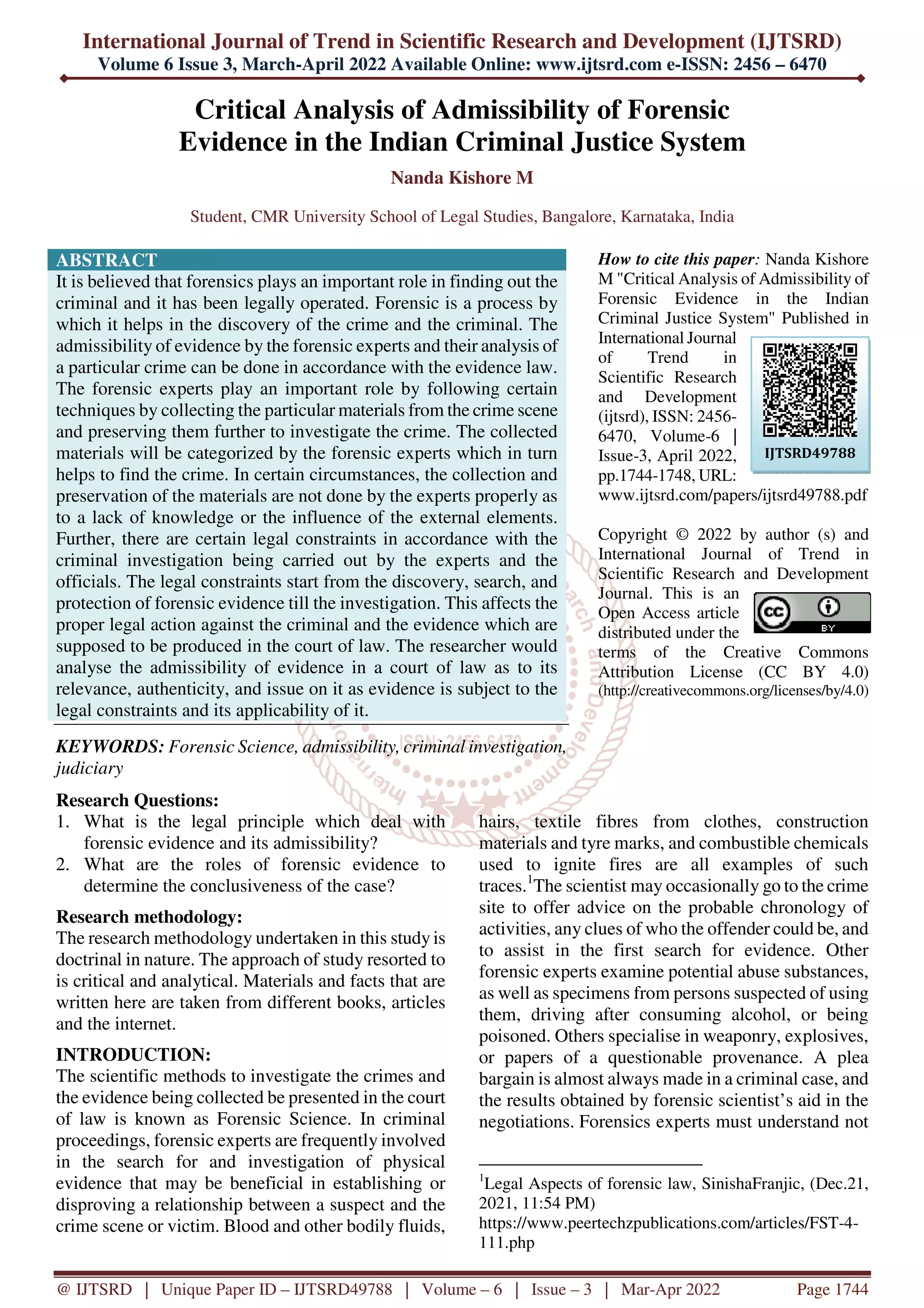 Critical Analysis of Admissibility of Forensic Evidence in the Indian ...