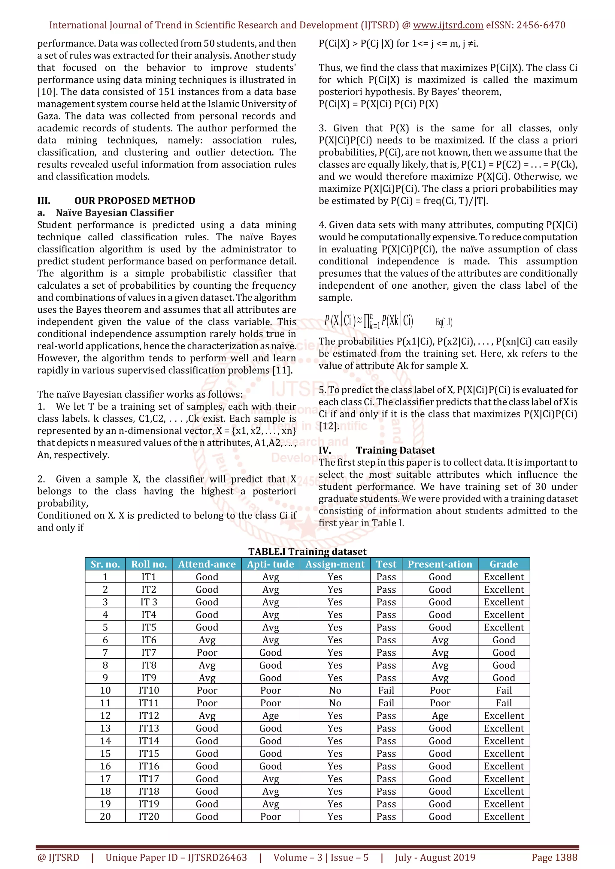 Using Naive Bayesian Classifier for Predicting Performance of a Student | PDF