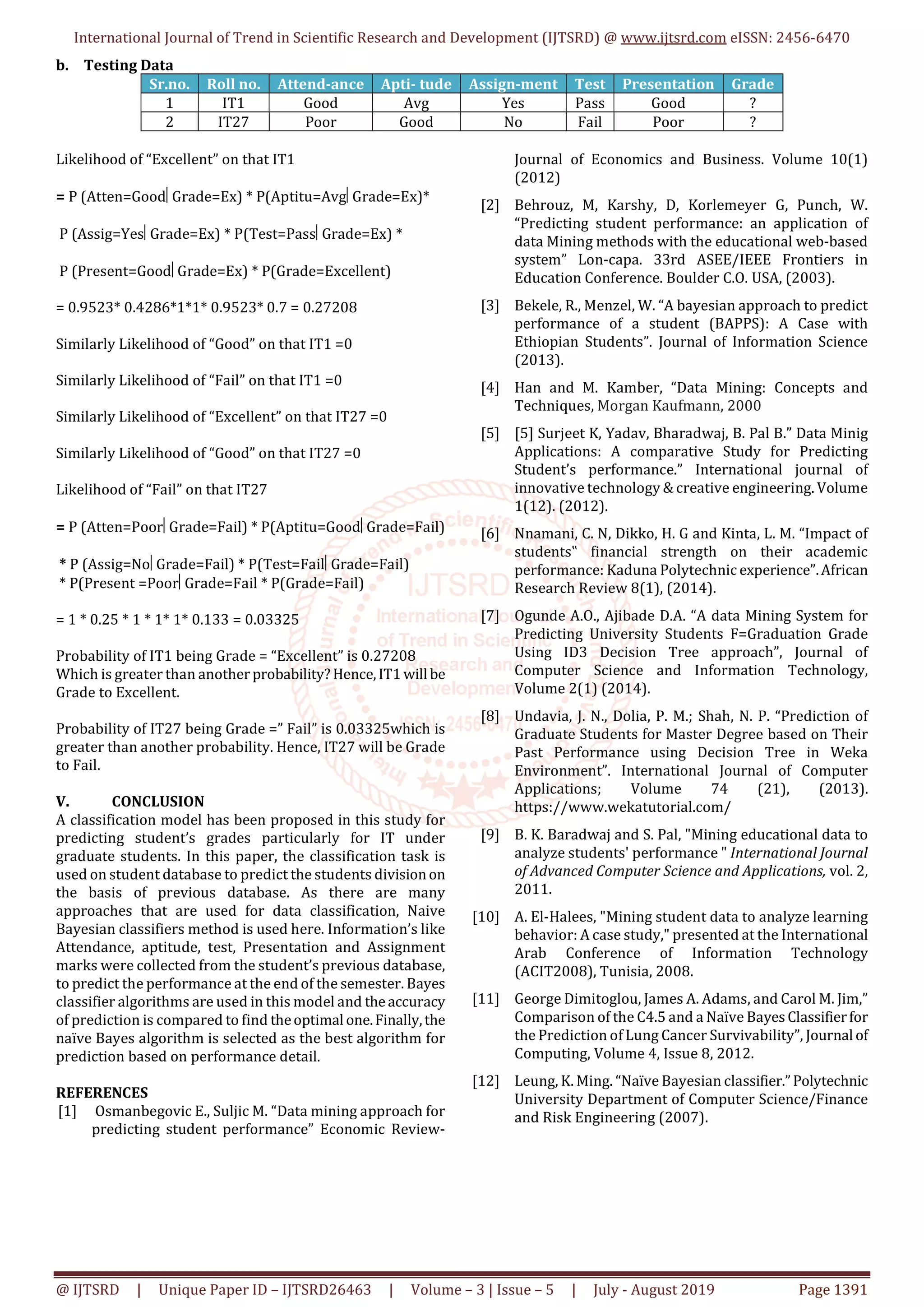 Using Naive Bayesian Classifier for Predicting Performance of a Student | PDF