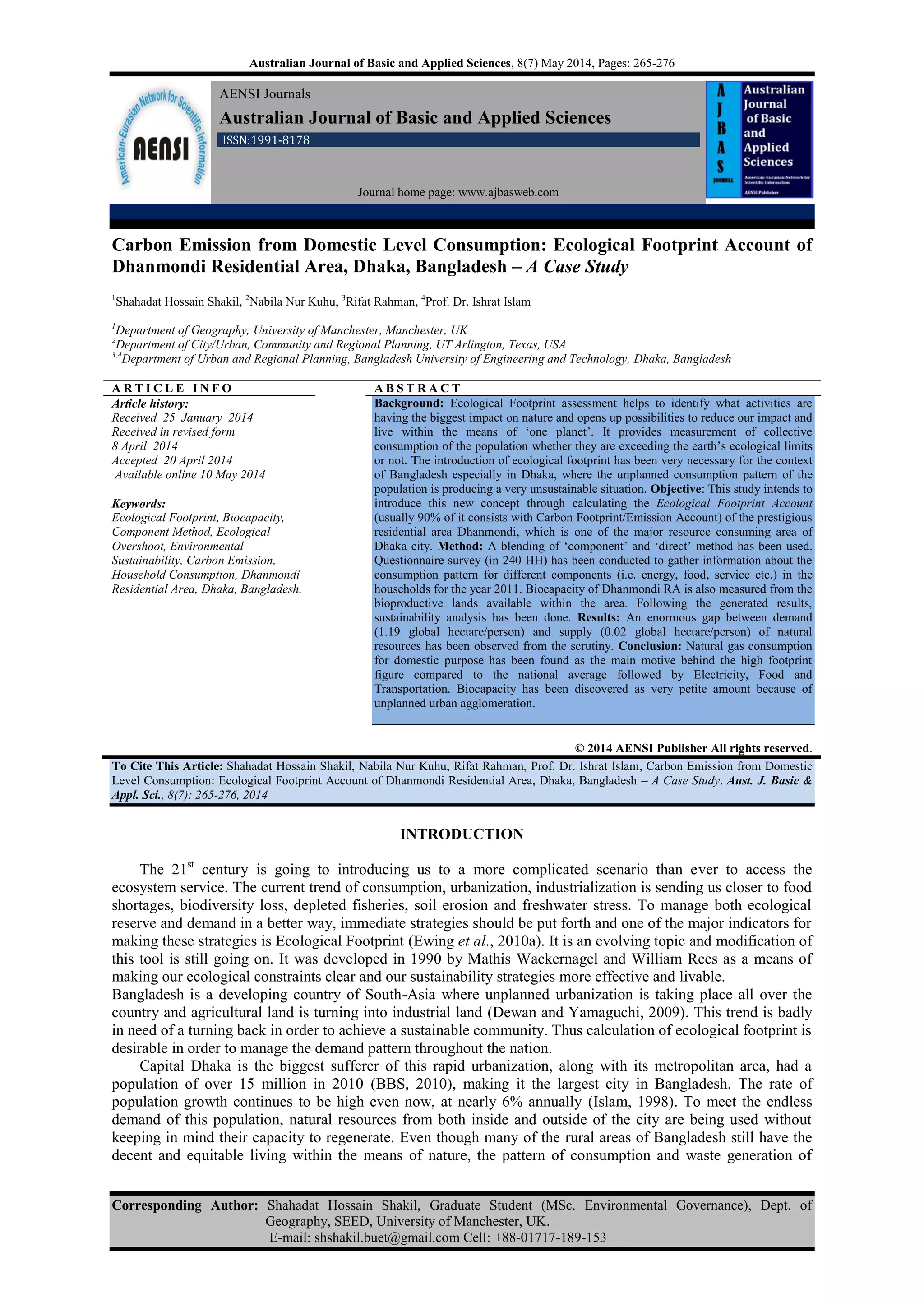 Carbon Emission from Domestic Level Consumption: Ecological Footprint Account of Dhanmondi ...