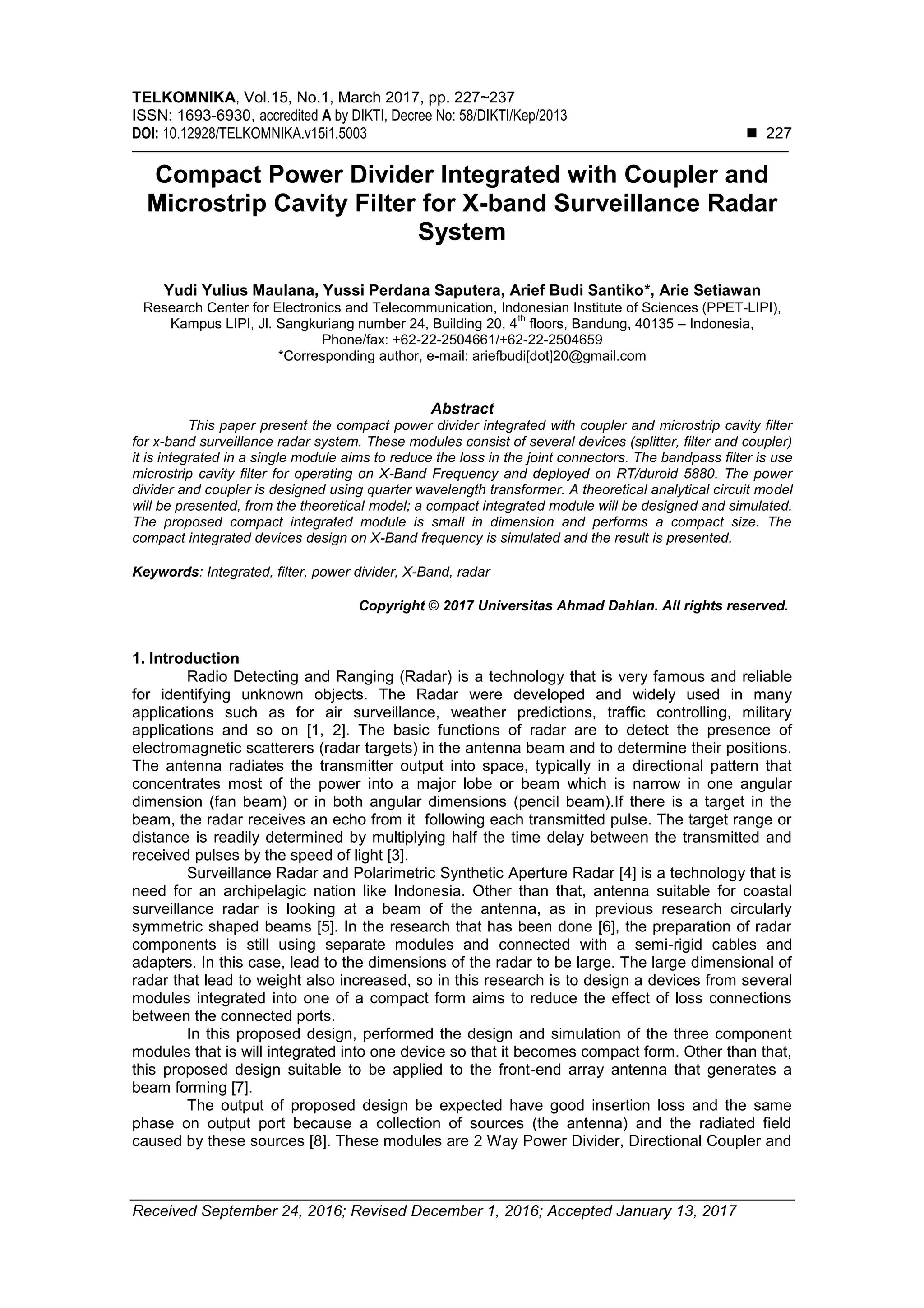 Compact Power Divider Integrated with Coupler and Microstrip Cavity Filter for X-band ...