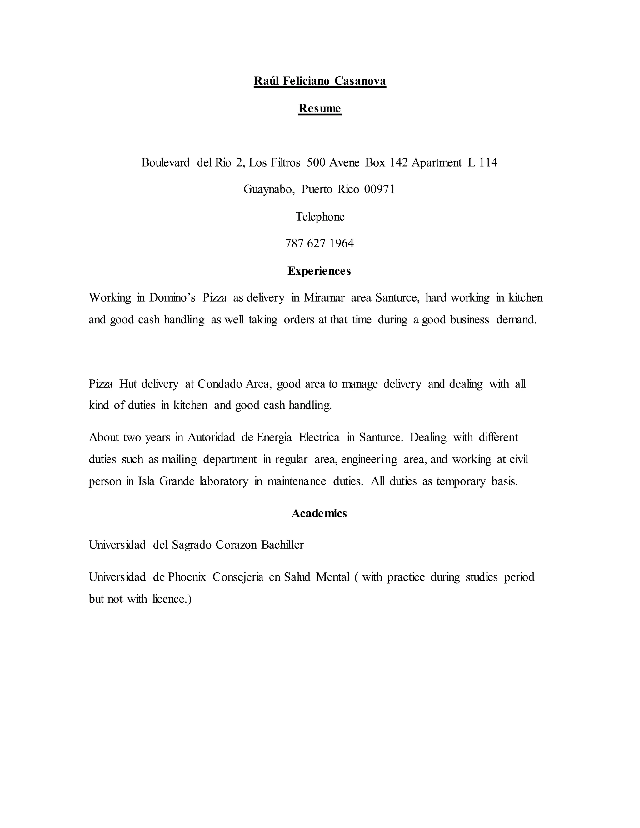 Raul Feliciano Resume | DOCX