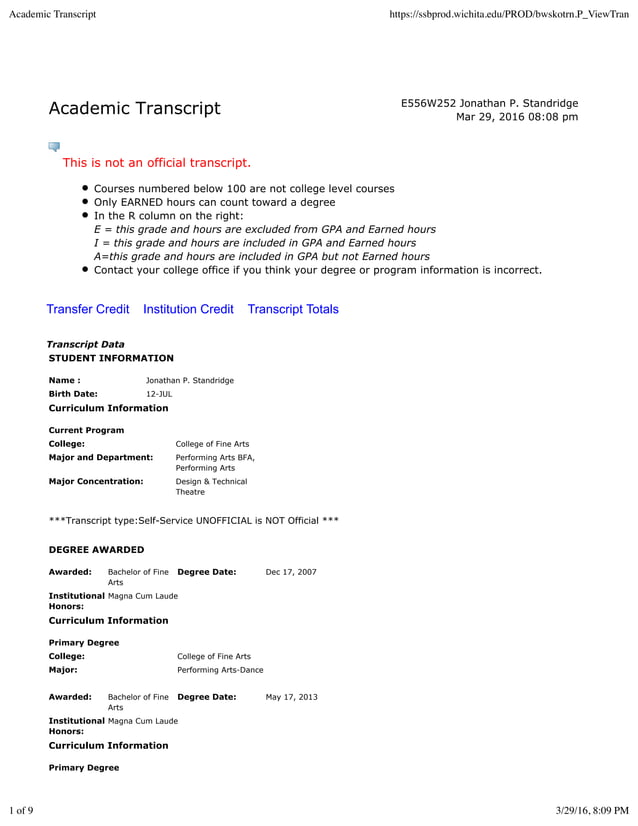 Standridge - WSU Academic Transcript | PDF