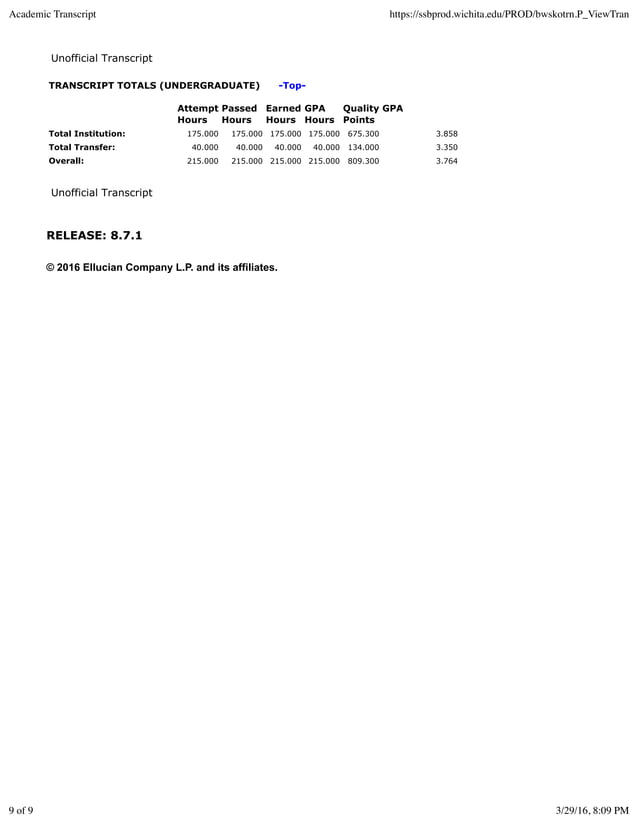 Standridge - WSU Academic Transcript | PDF