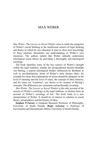 Max Weber The Lawyer As Social Thinker Stephen P Turner Regis A Factor ...