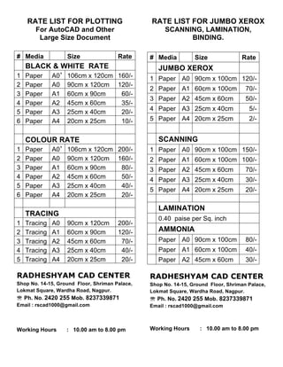 RATE LIST FOR PLOTTING - Radheshyam CAD Center | PDF