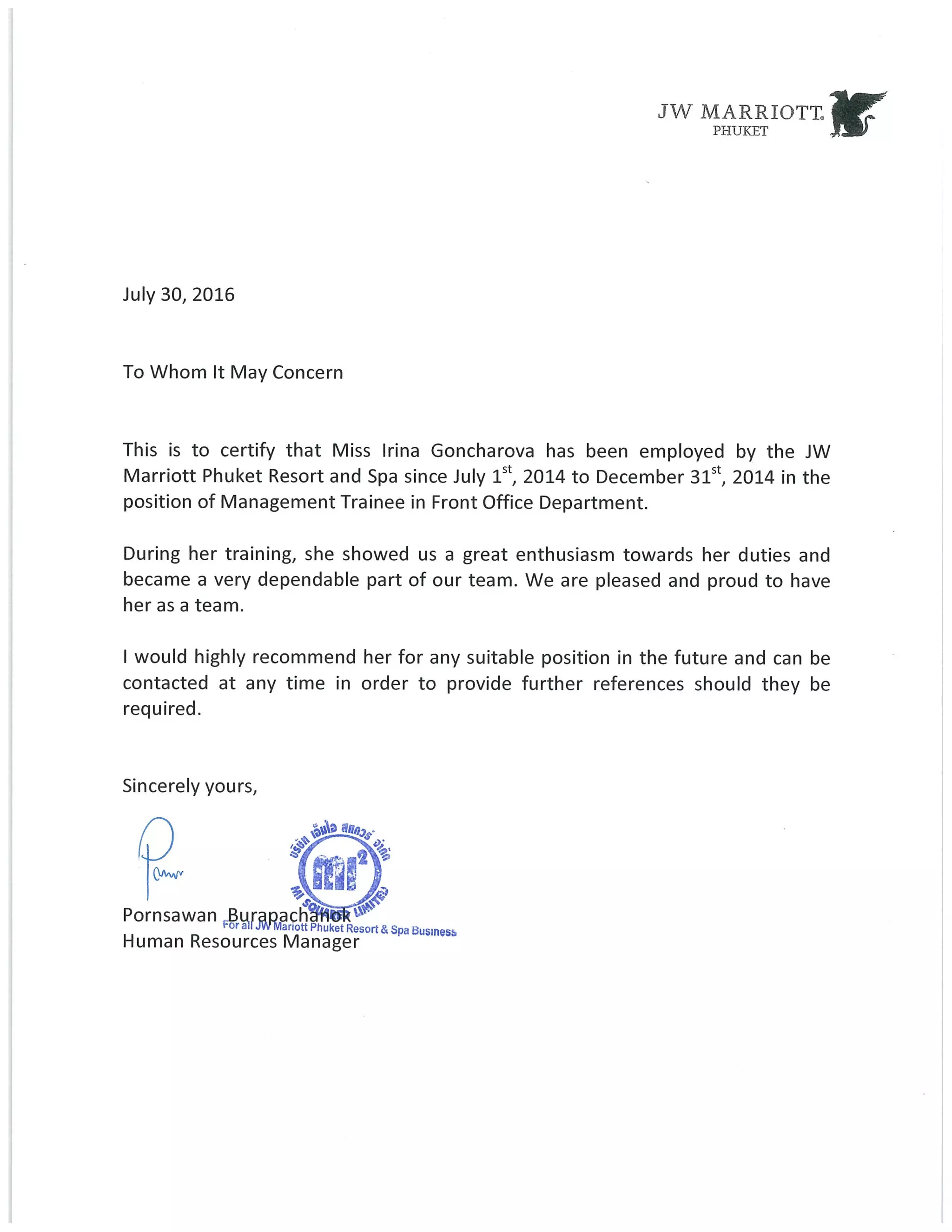 JW Marriott Phuket letter | PDF