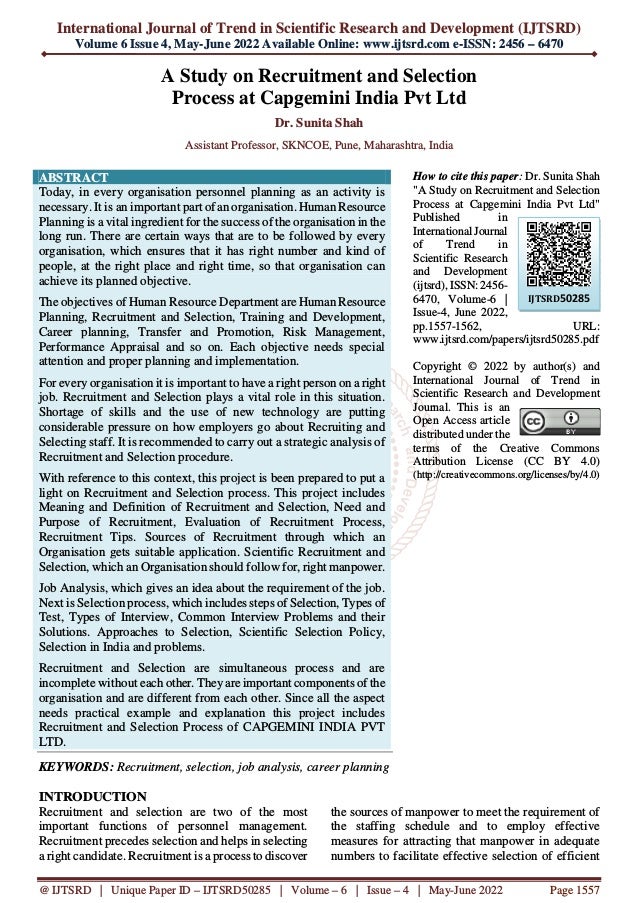 A Study on Recruitment and Selection Process at Capgemini India Pvt Ltd ...