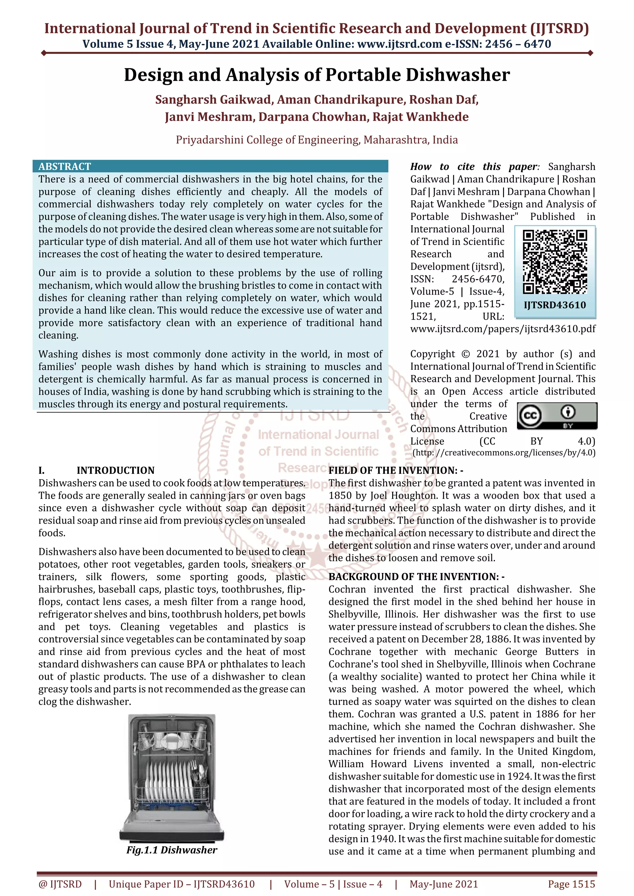 Design and Analysis of Portable Dishwasher | PDF