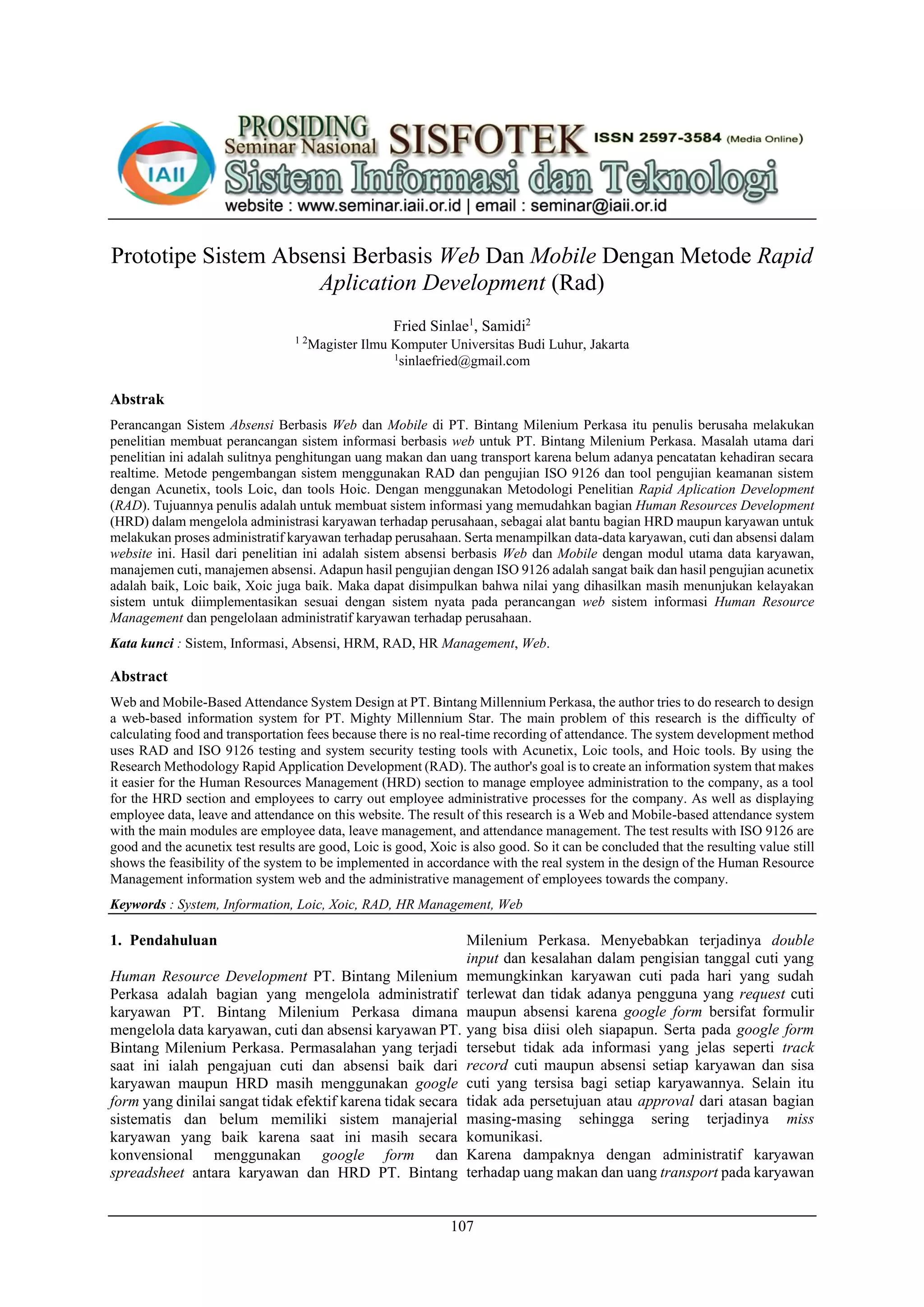Prototipe Sistem Absensi Berbasis Web Dan Mobile Dengan Metode Rapid Aplication Development Rad
