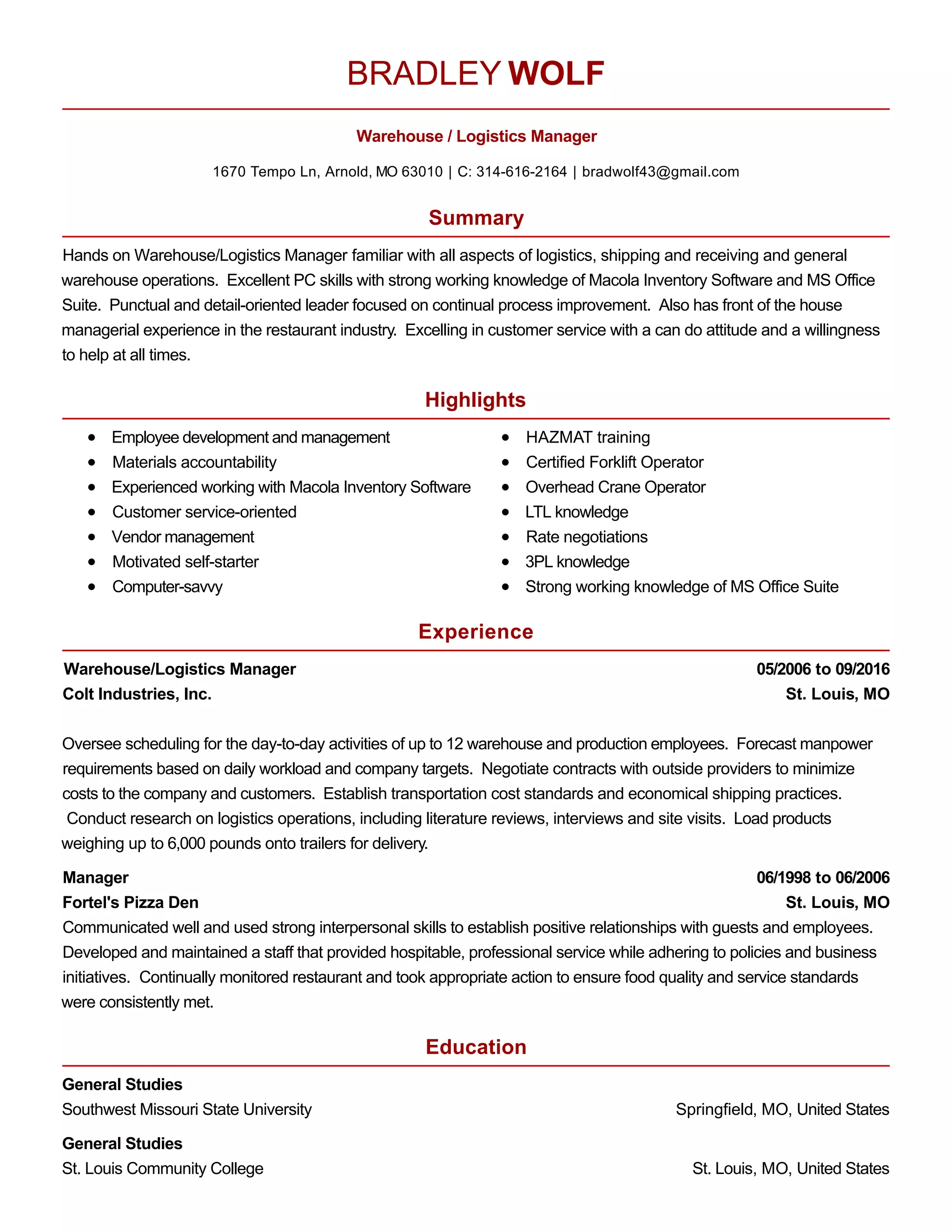 Bradley Wolf Resume 1 | PDF