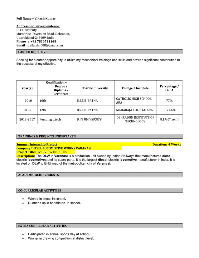 Resume Format.doc vikash | DOC