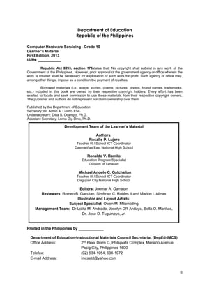 Computer Hardware Servicing Learner's Material Grade 10 | PDF