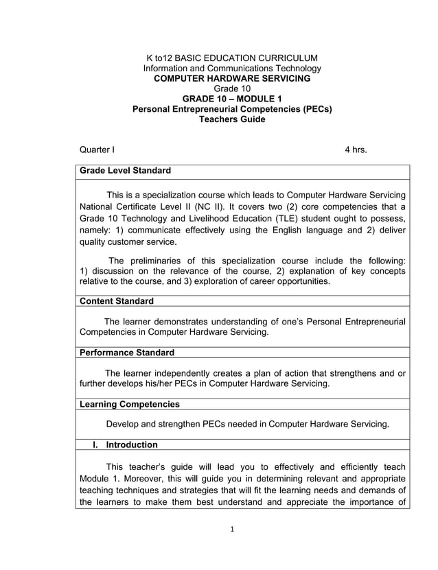 Computer Hardware Servicing Learner's Material Grade 10 | PDF | Computer Networking | Computing