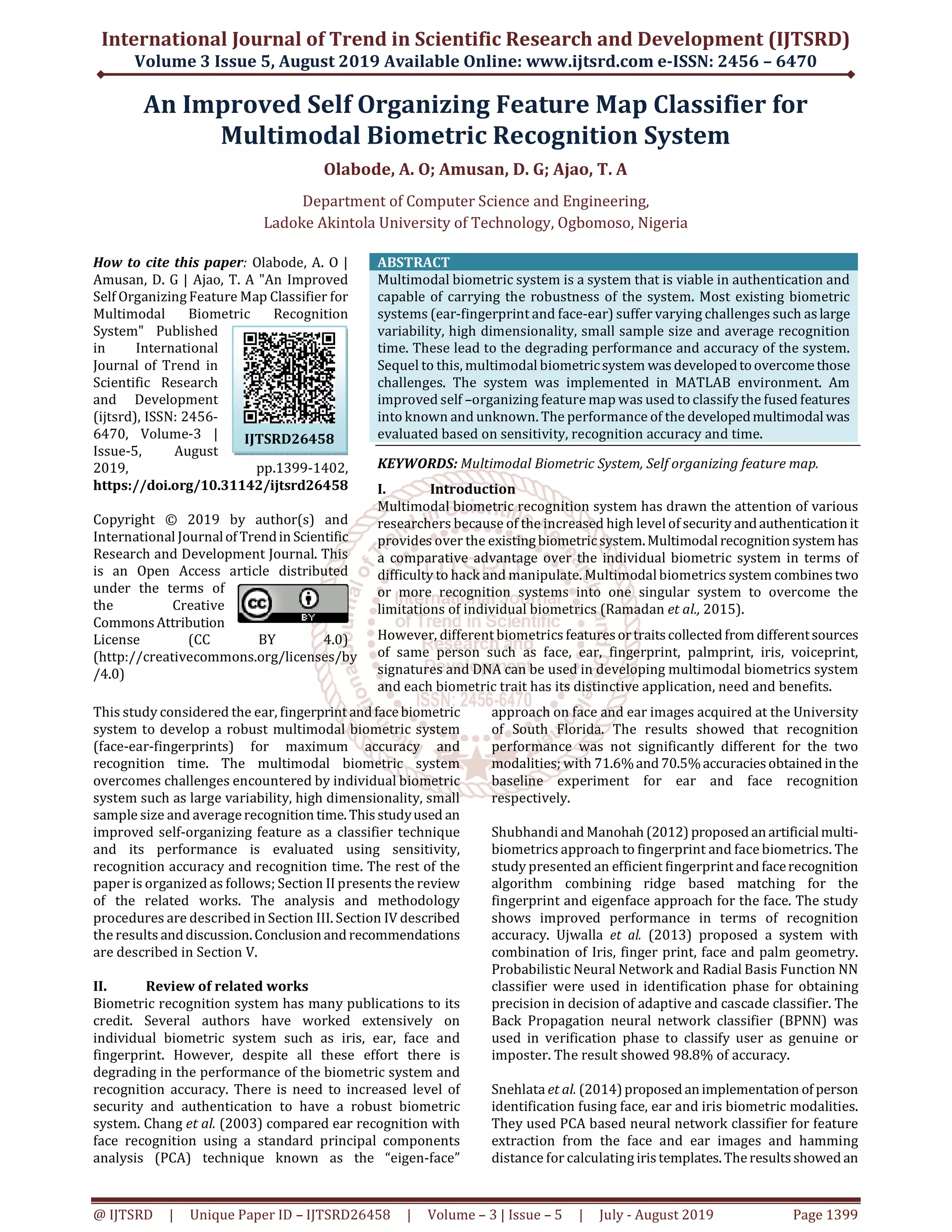 An Improved Self Organizing Feature Map Classifier for Multimodal Biometric Recognition System | PDF
