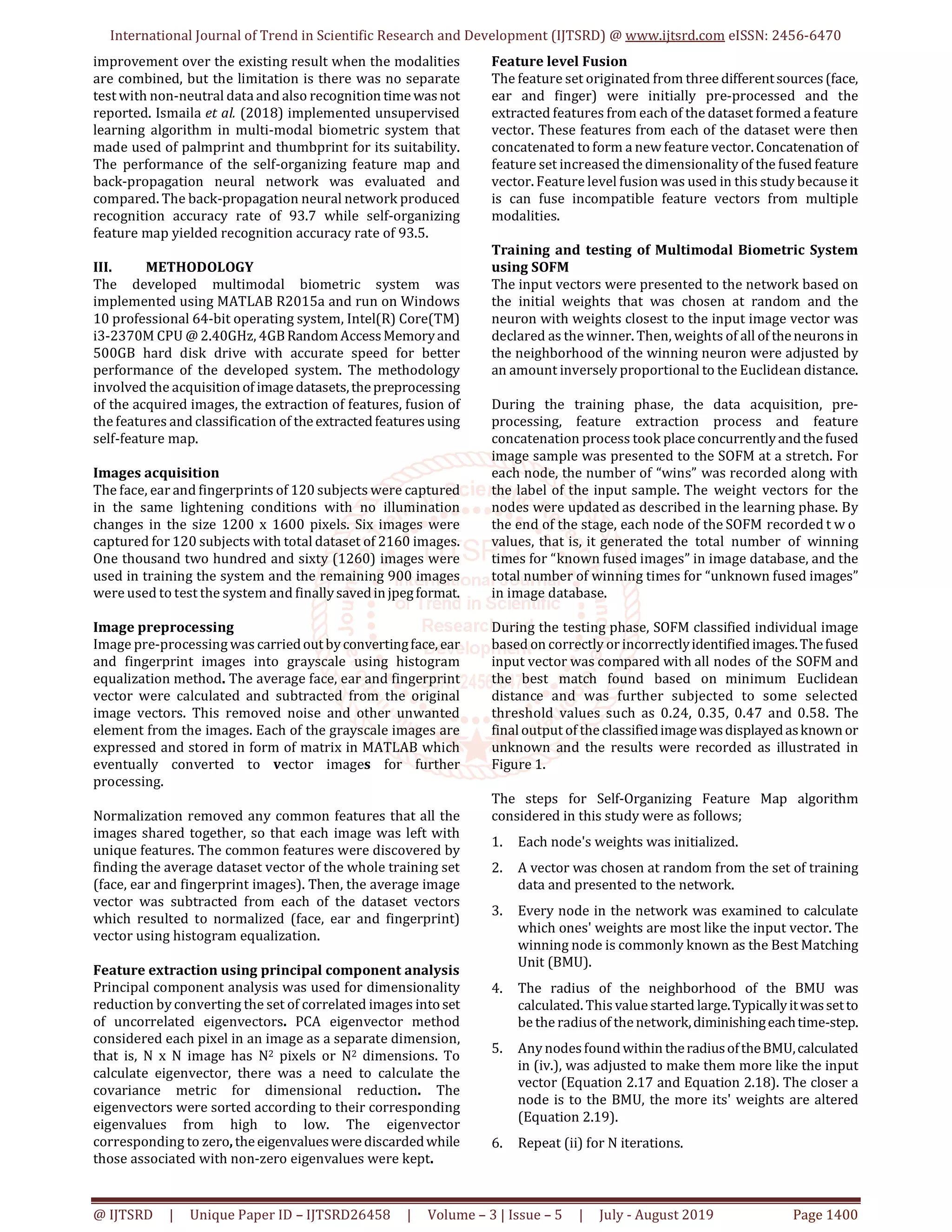 An Improved Self Organizing Feature Map Classifier For Multimodal Biometric Recognition System Pdf