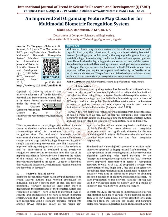 An Improved Self Organizing Feature Map Classifier for Multimodal Biometric Recognition System | PDF