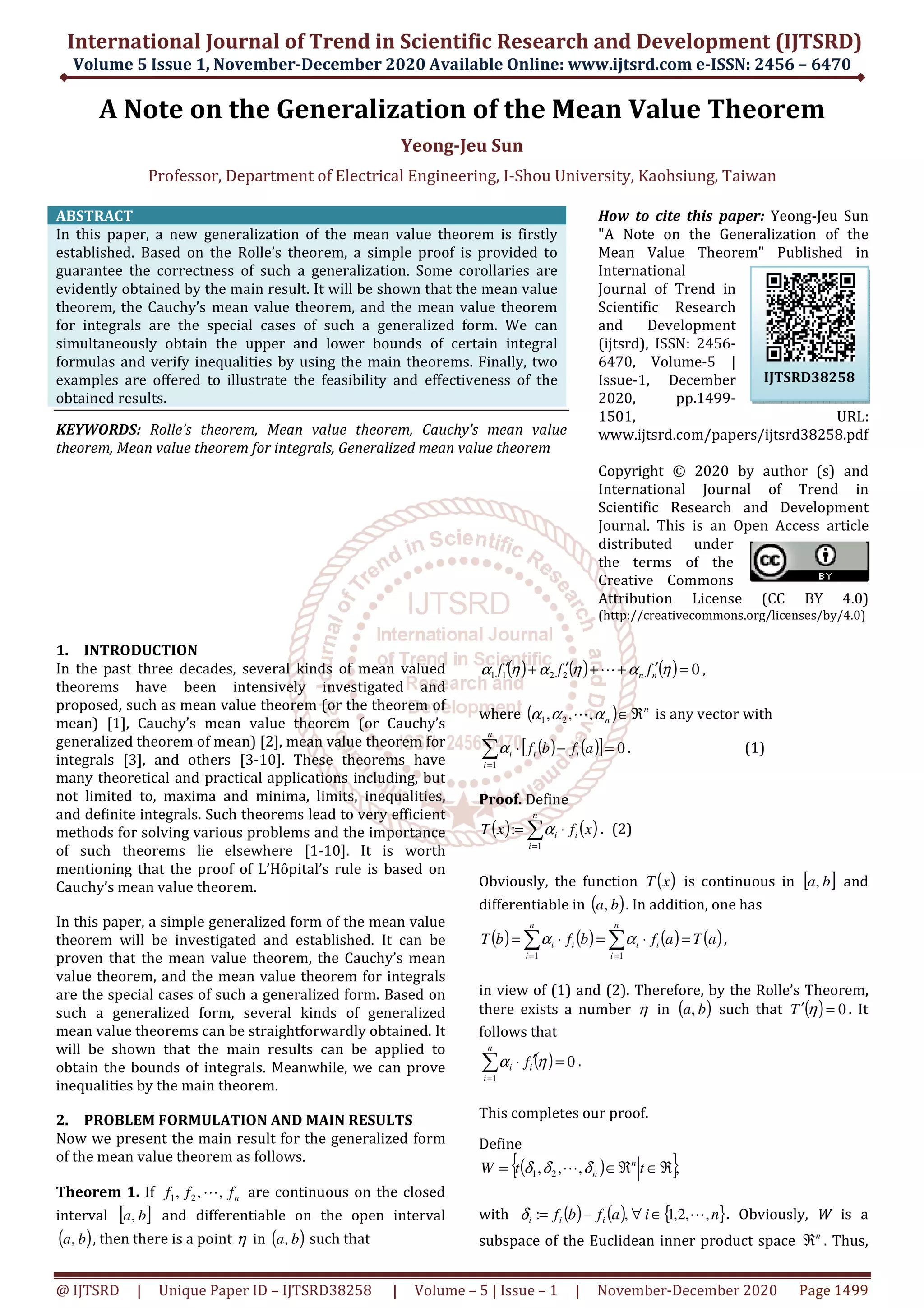 A Note on the Generalization of the Mean Value Theorem | PDF