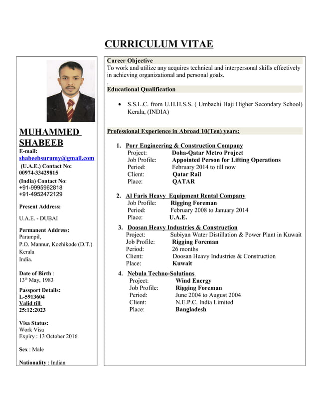 Shabeeb rigging supervisor c.v. | DOC