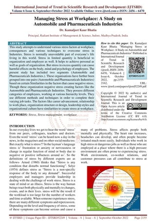 Managing Stress at Workplace A Study on Automobile and Pharmaceuticals ...