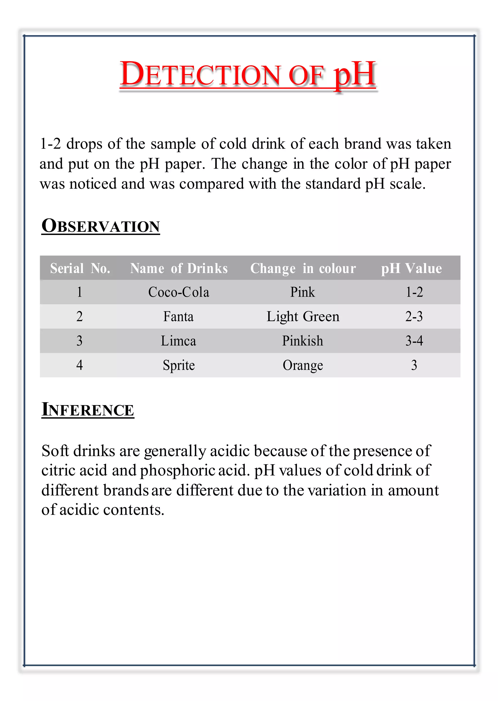 Chemistry project file on cold drink test | DOC